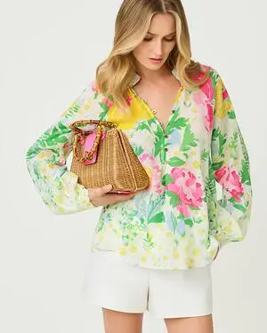 LILLY PULITZER Renisha Long Sleeve Top - Multi Poppy Party Engineered Woven Top