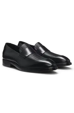 BOSS Leather Loafers With Woven Vamp