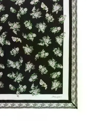 Dolce & Gabbana 90x90 Small Flower Bouquet-print Silk Twill Scarf With Lace Insert - Black