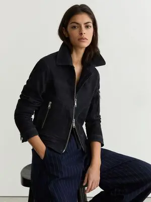 REISS Tate Suede Zip-through Jacket - Navy