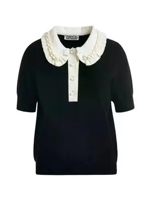 Essentiel Antwerp Jewelry Ruffled Beaded Polo Shirt - Black