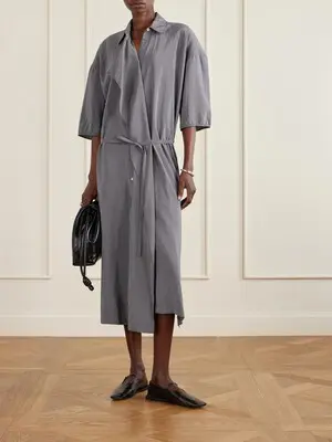 LEMAIRE Belted Silk-blend Satin Shirt Dress - Gray