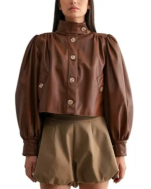 LUVEE Mable Faux Leather Puff Sleeve Jacket - Brown