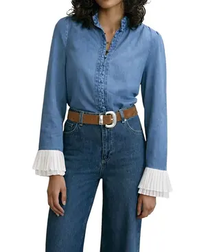Mint Velvet Denim Contrast Cuff Blouse - Blue