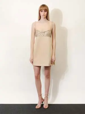 Retrofete Shyla Rhinestone Detail Satin Dress - Beige
