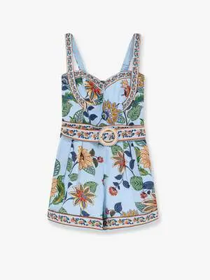 Farm Rio Linen Jumpsuit With Flower Dehli Print - Blu