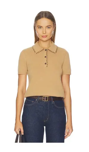 FRAME Leather Stitch Polo Top - Camel