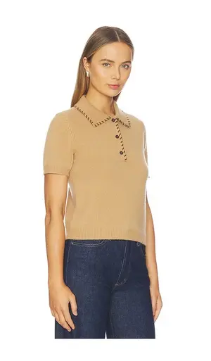 FRAME Leather Stitch Polo Top - Camel