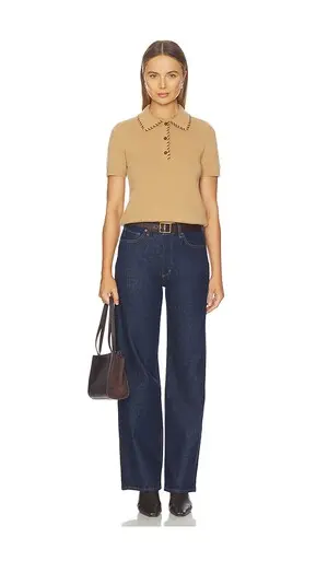 FRAME Leather Stitch Polo Top - Camel
