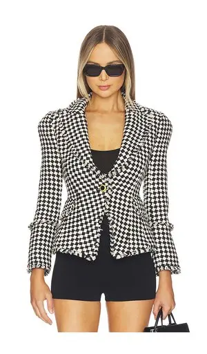 L'Agence Kaisley Blazer With Fray In Black,white - Black & Ivory Diamond Tweed