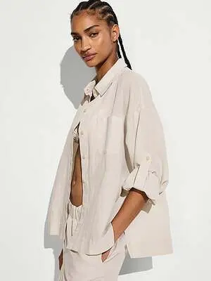 Victoria's Secret Linen Boxy Long-sleeve Shirt - Beige