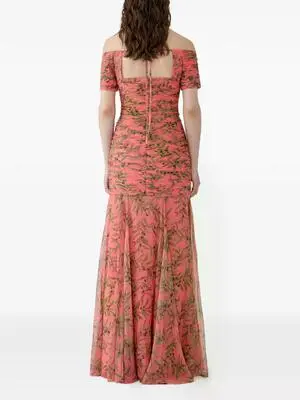 Carolina Herrera Olive Branch-print Ruched Gown