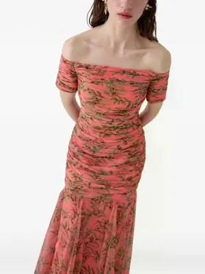 Carolina Herrera Olive Branch-print Ruched Gown