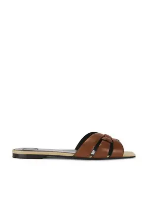Saint Laurent Tribute Flat Sandal In Brown - Bruciato