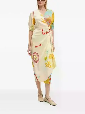 NEVER FULLY DRESSED Vienna V-neck Printed Wrap Midi Dress - Neutrals