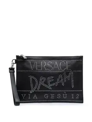 Versace 2010-2026 Crystal Embellished Leather Clutch Bag - Black