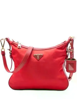 Prada Saffiano Trimmed Tessuto Crossbody Bag - Red