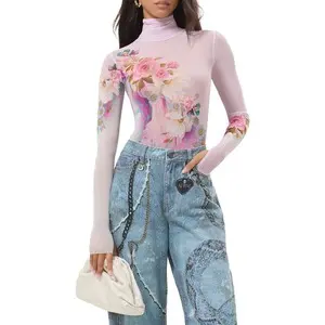 AFRM Zadie Turtleneck Printed Mesh Top - Marble Floral