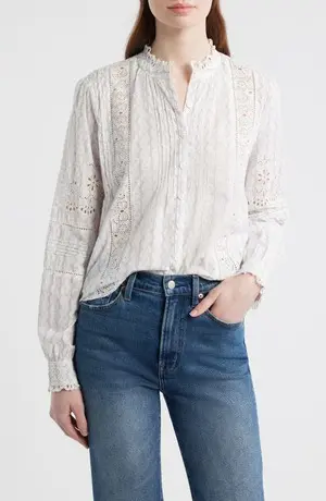 LoveShackFancy Lal Floral Embroidered Eyelet Cotton Button-up Shirt - Blue Bonnet