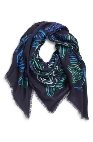 Echo Gestural Rose Print Square Scarf - Navy