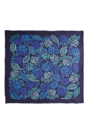 Echo Gestural Rose Print Square Scarf - Navy