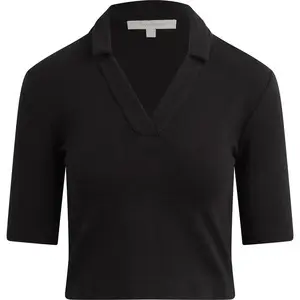 FAVORITE DAUGHTER Cropped Organic Cotton Polo With Johnny Collar - Black