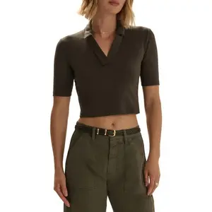 FAVORITE DAUGHTER Cropped Organic Cotton Polo With Johnny Collar Espresso