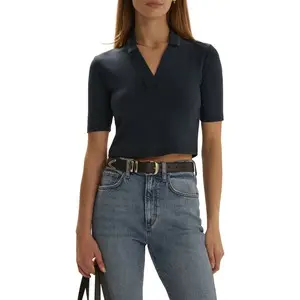 FAVORITE DAUGHTER Cropped Organic Cotton Polo With Johnny Collar Navy