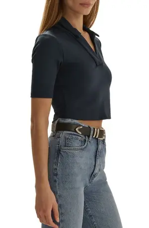 FAVORITE DAUGHTER Cropped Organic Cotton Polo With Johnny Collar - Navy