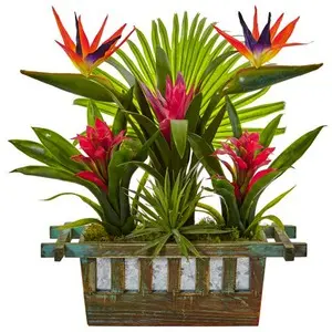 NEARLY NATURAL Bird Of Paradise And Bromeliad In Planter - Red