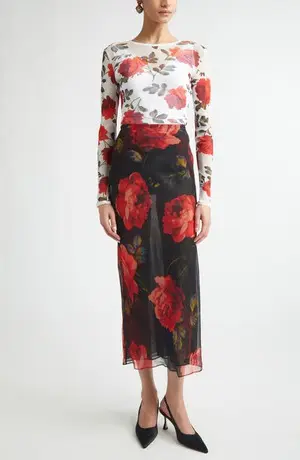 Carolina Herrera Rose Print Sheer Silk Chiffon Midi Skirt - Black Multi