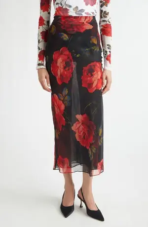 Carolina Herrera Rose Print Silk Chiffon Midi Skirt