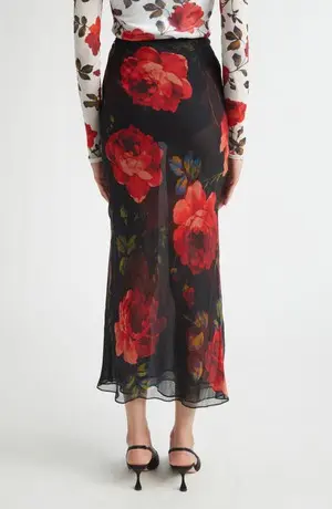 Carolina Herrera Rose Print Silk Chiffon Midi Skirt