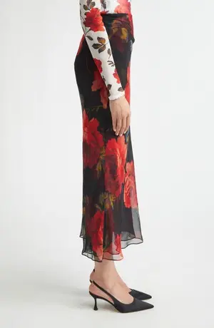 Carolina Herrera Rose Print Silk Chiffon Midi Skirt