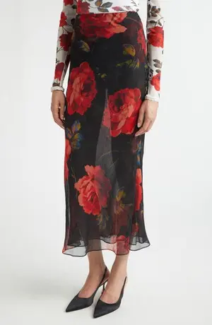 Carolina Herrera Rose Print Silk Chiffon Midi Skirt