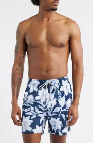 VINTAGE SUMMER Floral Stretch Volley Swim Trunks - Navy