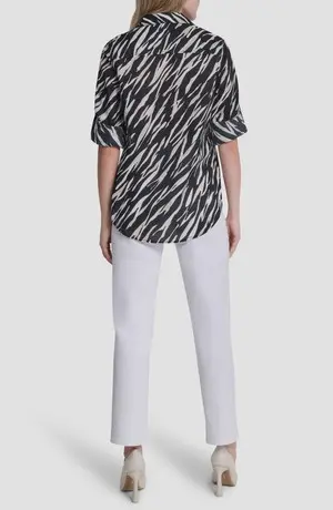 Dkny Printed Roll-tab Cuff Cotton Button-up Shirt - Concrete Animal