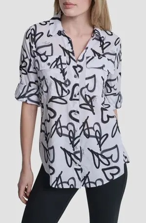 Dkny Printed Roll-tab Cuff Cotton Button-up Shirt - Ivory Graffiti Heart