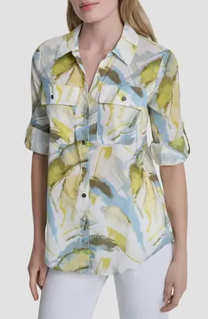 Dkny Printed Roll-tab Cuff Cotton Button-up Shirt - March Watercolor