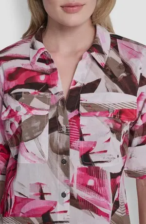 Dkny Printed Cotton Button-up Shirt With Roll-tab Cuffs - Spring Wisps