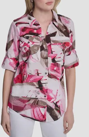 Dkny Printed Cotton Button-up Shirt With Roll-tab Cuffs - Spring Wisps