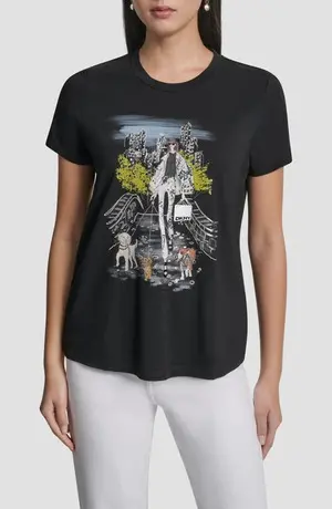 Dkny Crystal Embellished Central Park Conversational Graphic T-shirt - Black