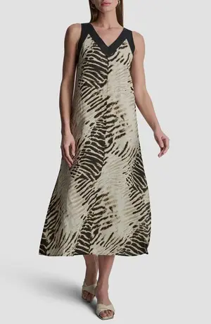 Dkny Print Colorblock Linen Midi Dress - Brushed Sandbed/black