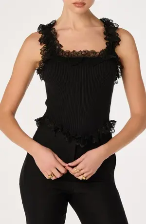 Astr The Label Amity Ruffle Lace Rib Tank - Black