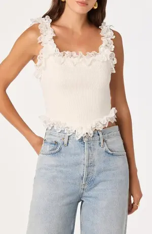 Astr The Label Amity Ruffle Lace Rib Tank - Off White
