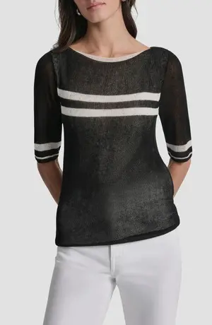 Dkny Stripe Lightweight Elbow Sleeve Sweater - Black/ivory