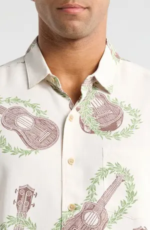 KAHALA Ukulele Mele Print Short Sleeve Button-up Shirt