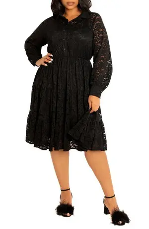 BUXOM COUTURE Lace Long Sleeve Shirt Dress - Black