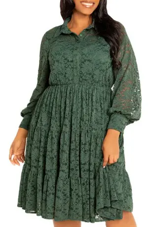 BUXOM COUTURE Lace Long Sleeve Shirt Dress - Emerald