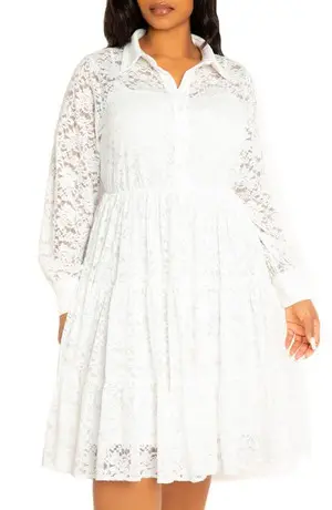 BUXOM COUTURE Lace Long Sleeve Shirtdress - White